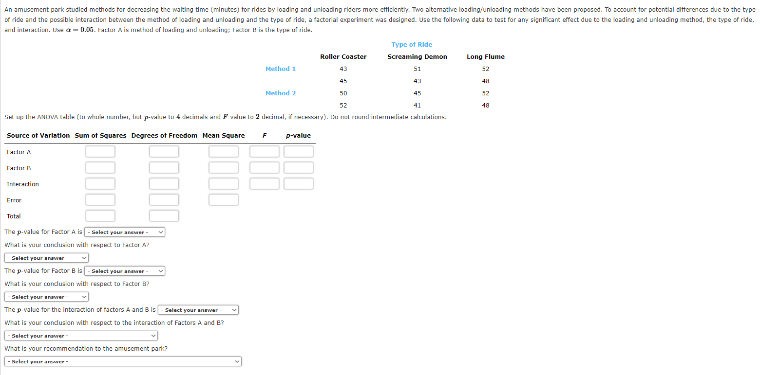 and interaction. Use α=0.05. ﻿Factor A ﻿is method of | Chegg.com