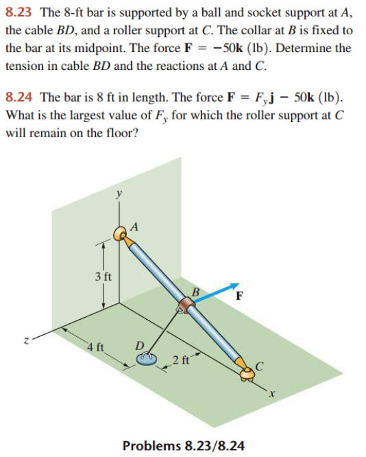 Solved 8.23 ﻿The 8-ft bar is supported by a ball and socket | Chegg.com