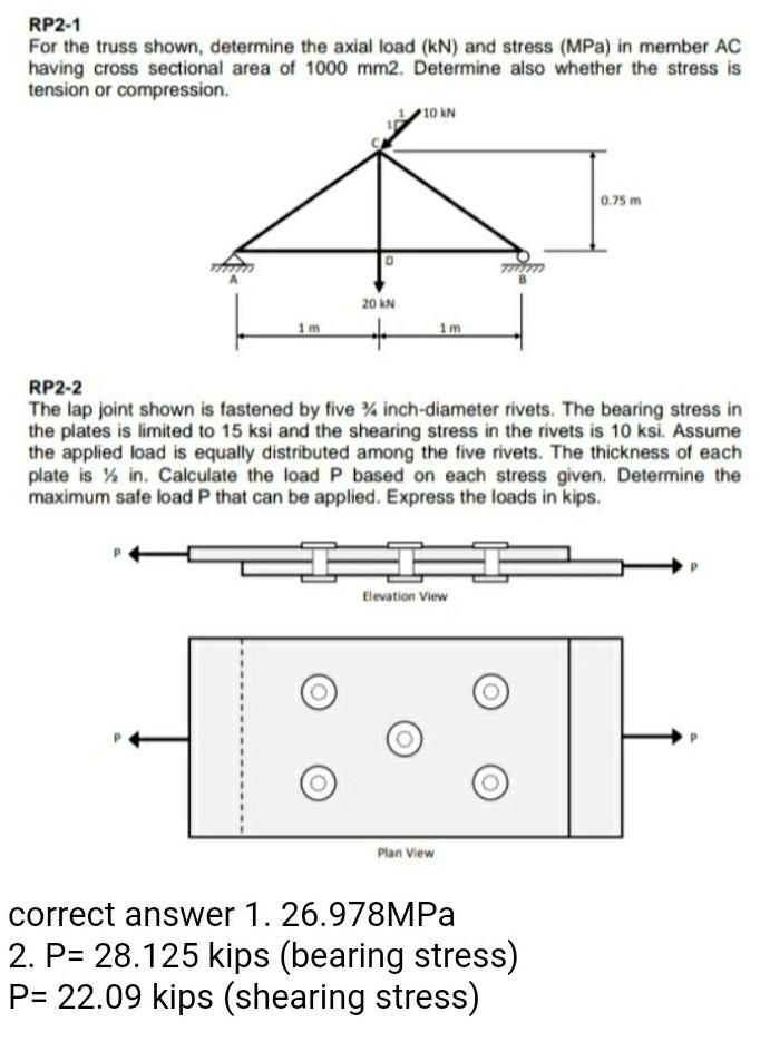 Solved RP2-1 For the truss shown, determine the axial load | Chegg.com