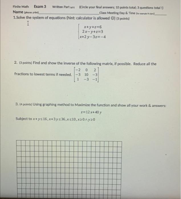 Solved Finite Math Exam 3 Written Part (Circle your final | Chegg.com
