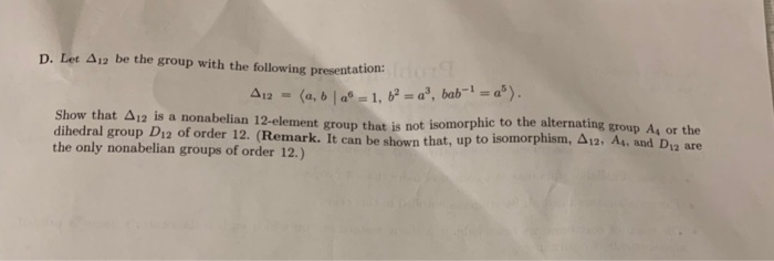 Solved D. Let A12 be the group with the following | Chegg.com