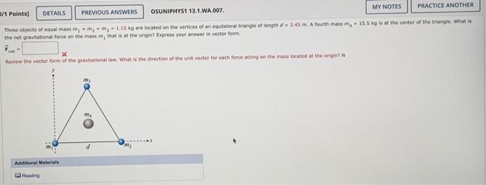 Solved Three objects of equal mass m1=m2=m3=1.15 kg are | Chegg.com