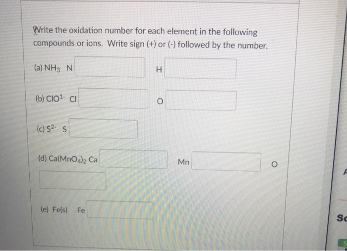 Solved Write the oxidation number for each element in the | Chegg.com