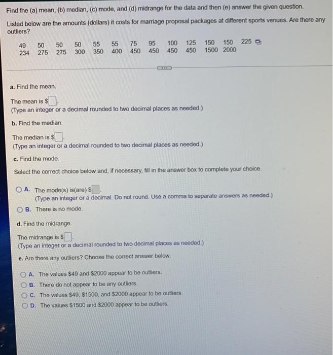 Solved Find the (a) mean, (b) median, (c) mode, and (d) | Chegg.com