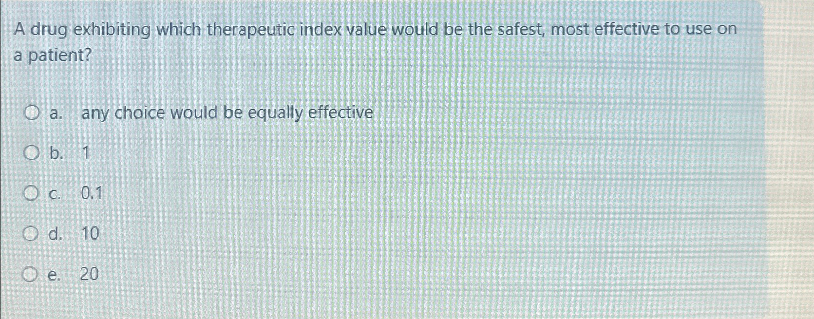Solved A drug exhibiting which therapeutic index value would | Chegg.com