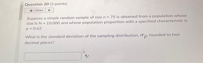 Solved Suppose a simple random sample of size n=75 is | Chegg.com