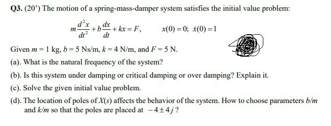 Solved m Q3. (20') The motion of a spring-mass-damper system | Chegg.com