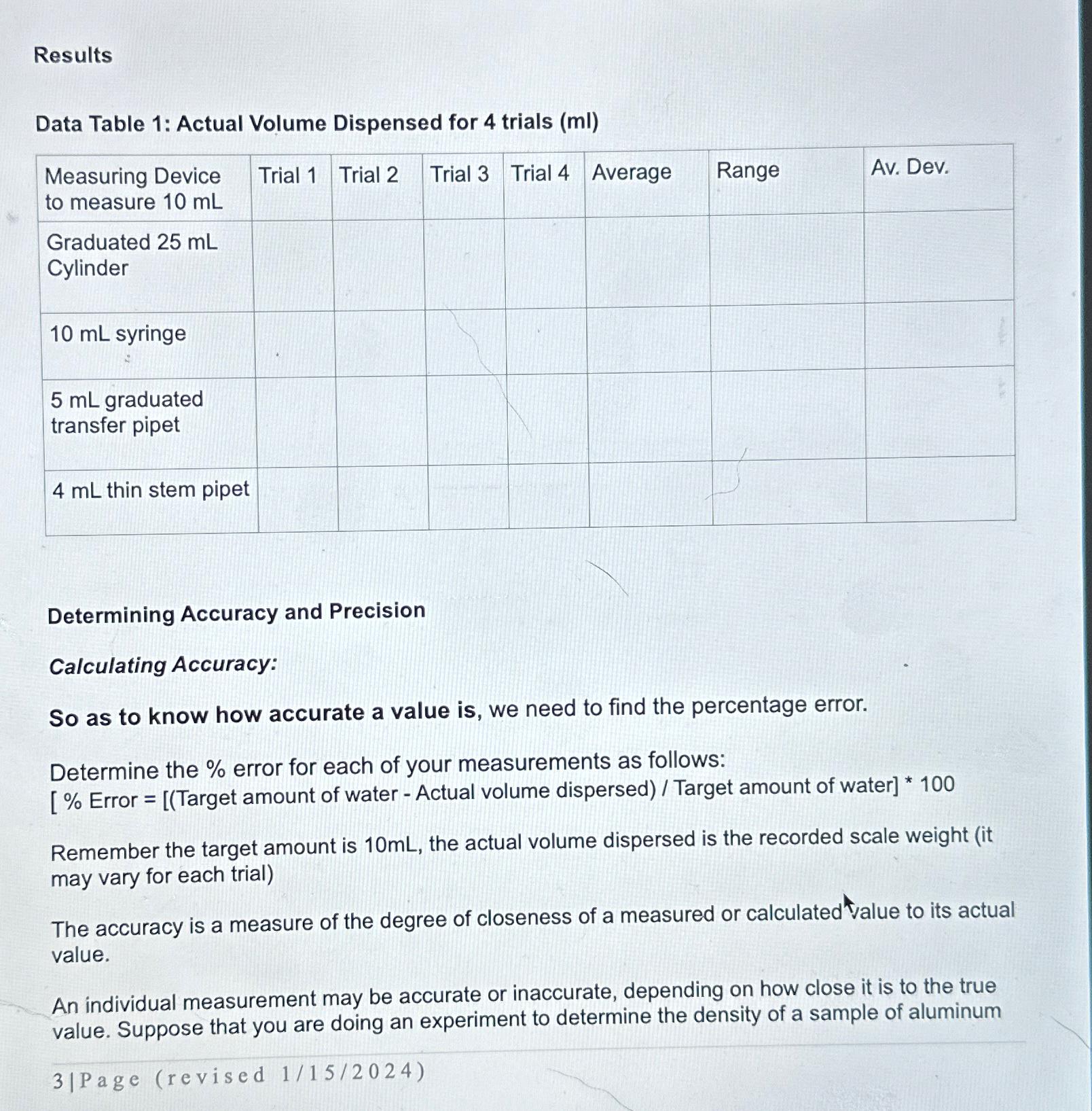 ResultsData Table 1: Actual Volume Dispensed for 4 | Chegg.com