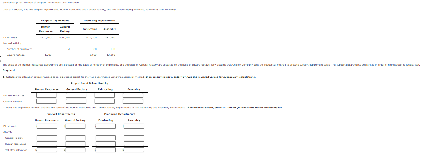 Solved Sequential (Step) ﻿Method of Support Department Cost | Chegg.com