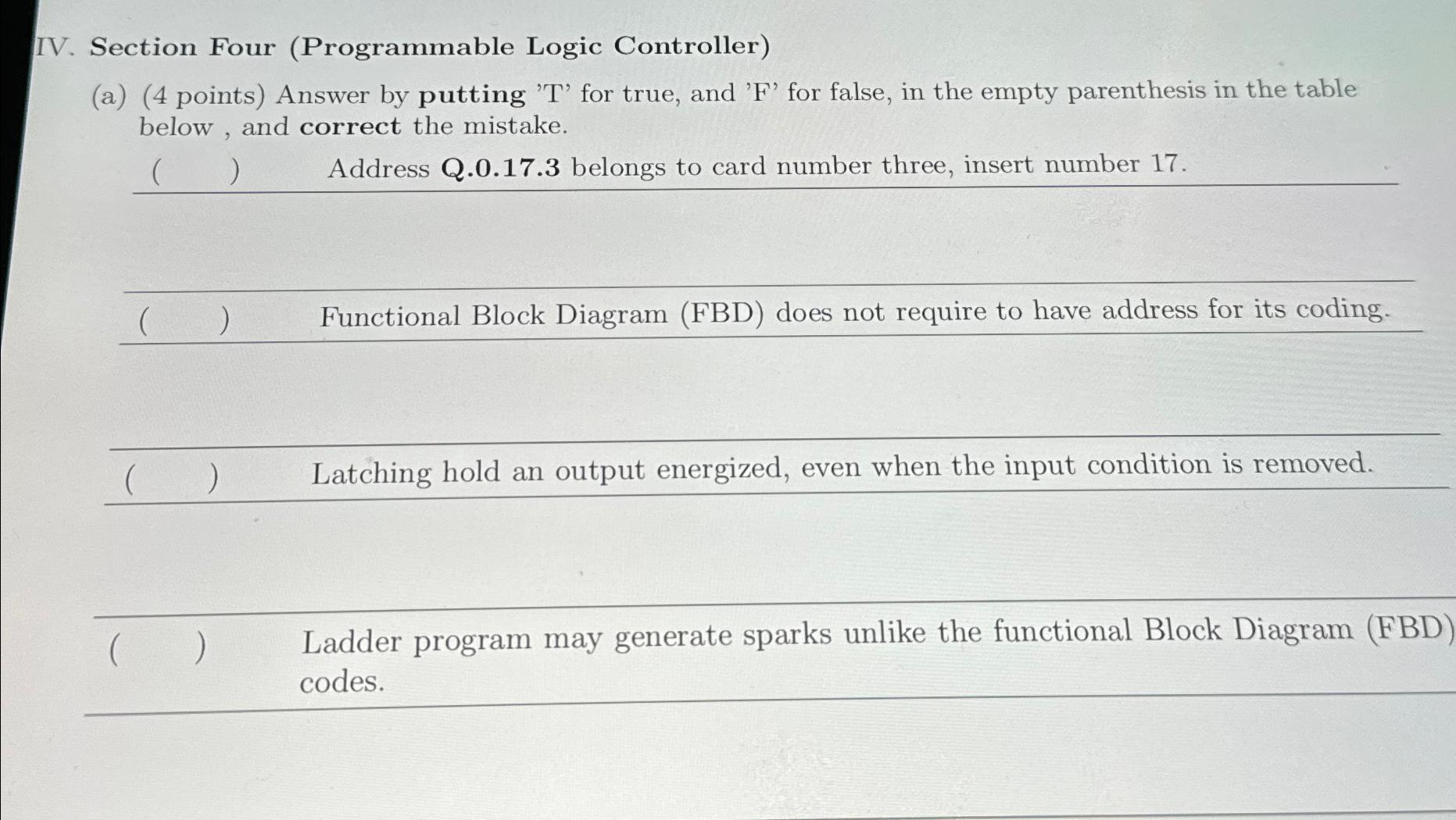 Solved IV. ﻿Section Four (Programmable Logic | Chegg.com