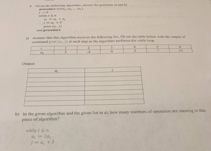 Solved 4. Given the following algorithm, answer the | Chegg.com