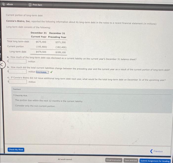 Solved Current portion of long-term debt Connie's Bistro, | Chegg.com
