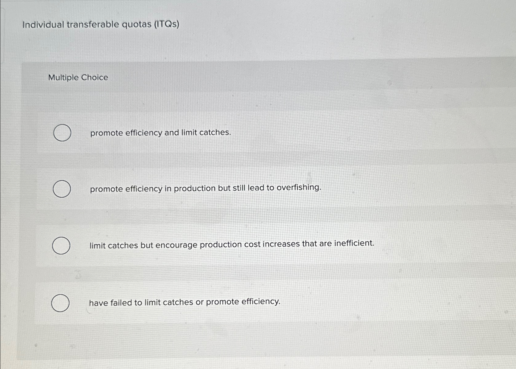 Solved Individual transferable quotas (ITQs)Multiple | Chegg.com