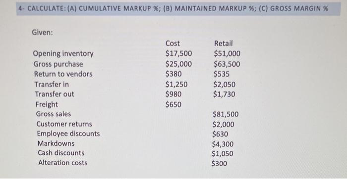 Solved 4- CALCULATE: (A) CUMULATIVE MARKUP %; (B) MAINTAINED | Chegg.com