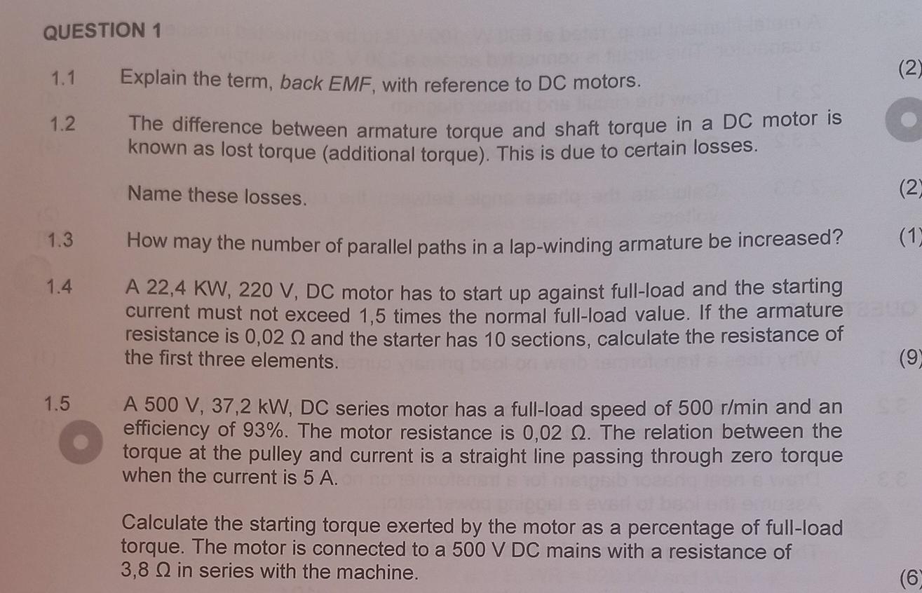 Solved 1.1 Explain the term, back EMF, with reference to DC | Chegg.com