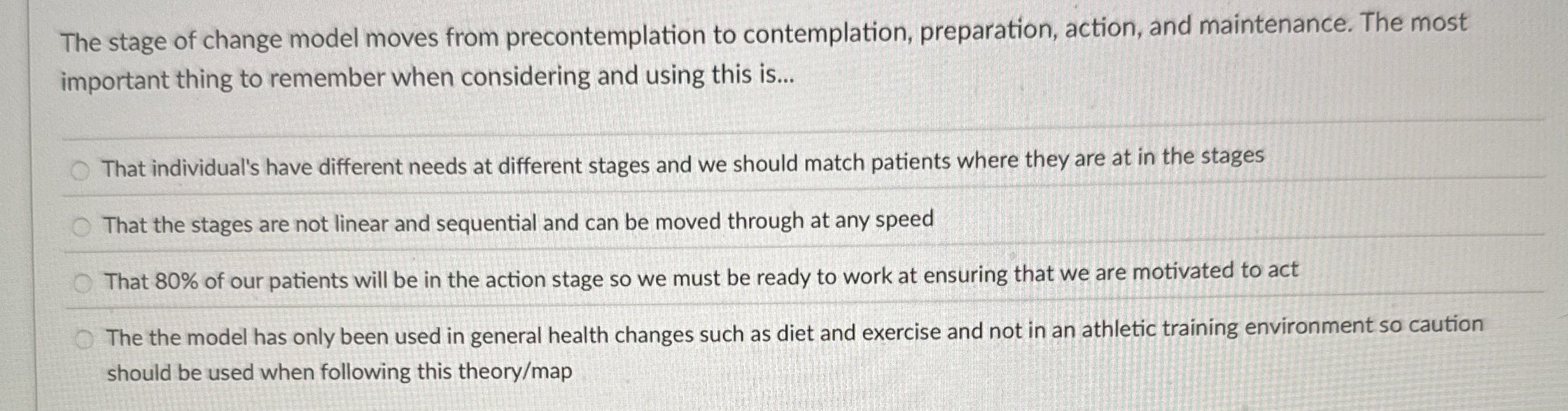 Solved The stage of change model moves from precontemplation | Chegg.com