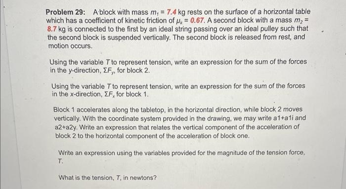 Solved Problem 29: A.block with mass m1=7.4 kg rests on the | Chegg.com