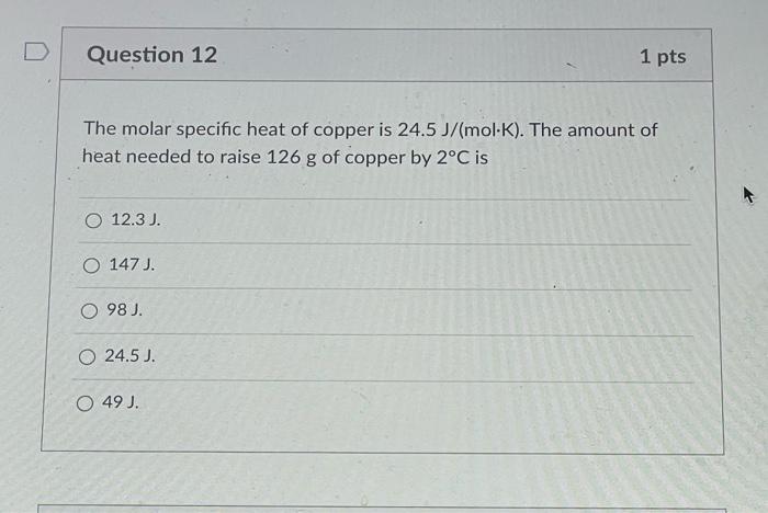 Solved The molar specific heat of copper is 24.5 J/(mol⋅K). | Chegg.com