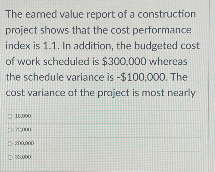 Solved The earned value report of a construction project | Chegg.com