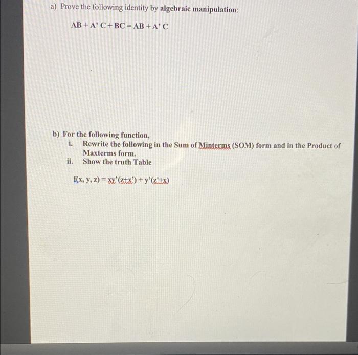 Solved a) Prove the following identity by algebraic | Chegg.com