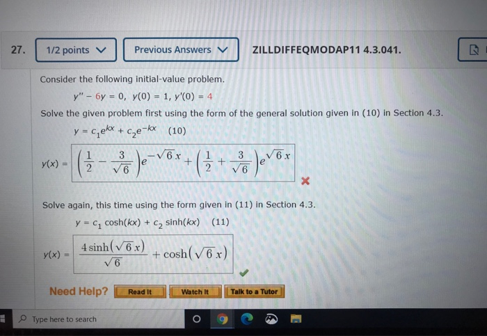 Solved 27. 1/2 points Previous Answers | ZILLDIFFEQMODAP11 | Chegg.com