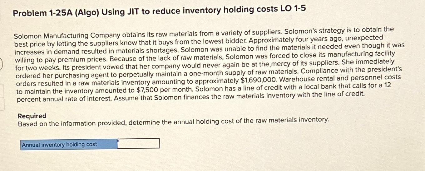 Solved Problem 1-25A (Algo) ﻿Using JIT to reduce inventory | Chegg.com