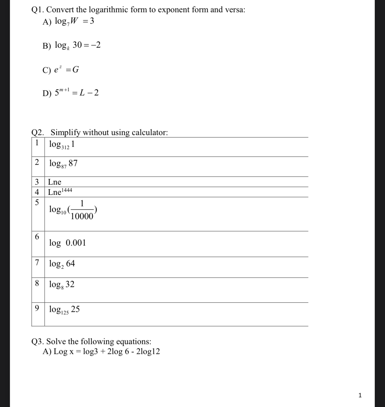Solved Q1. ﻿Convert the logarithmic form to exponent form | Chegg.com