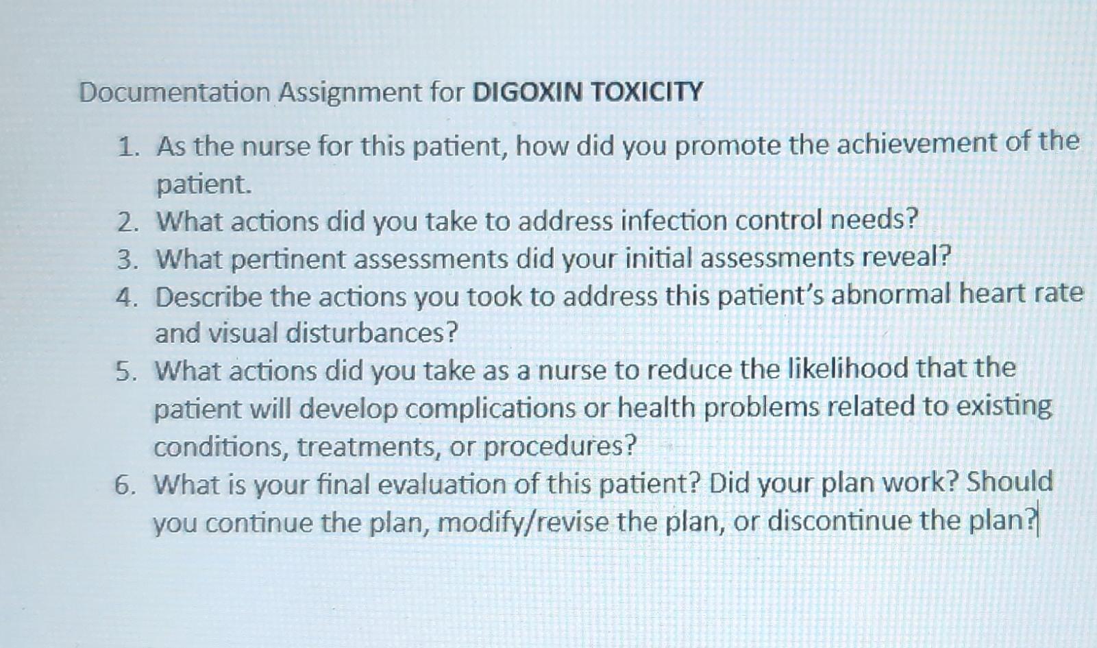Solved Documentation Assignment for DIGOXIN TOXICITY 1. As | Chegg.com