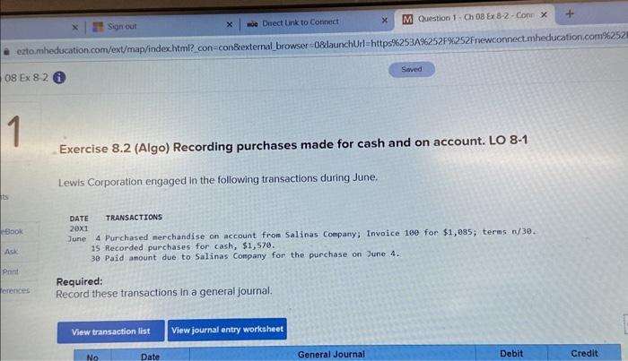 Solved Exercise 8.2 (Algo) Recording purchases made for cash | Chegg.com