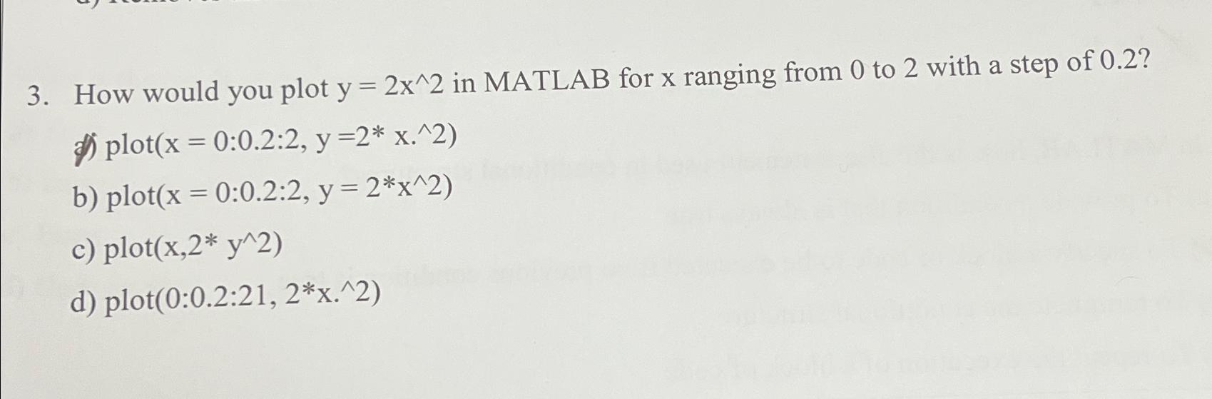 Solved How would you plot y=2x^(^(^()))2 in MATLAB for x | Chegg.com