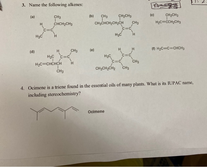 Solved 2 3. Name the following alkenes: (a) CH3 CHCH2CH3 (c) | Chegg.com