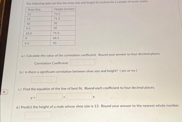 Solved The following data set lists the shoe-size and height | Chegg.com