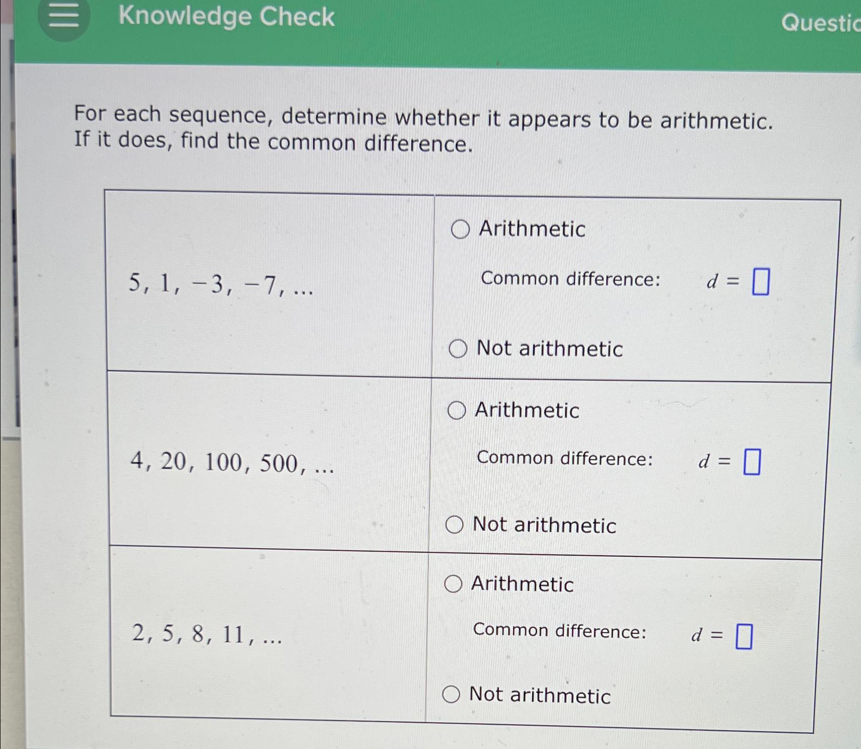 Solved Knowledge CheckQuesticFor each sequence, determine | Chegg.com