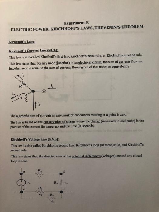 Solved Experiment-E ELECTRIC POWER, KIRCHHOFF'S LAWS, | Chegg.com