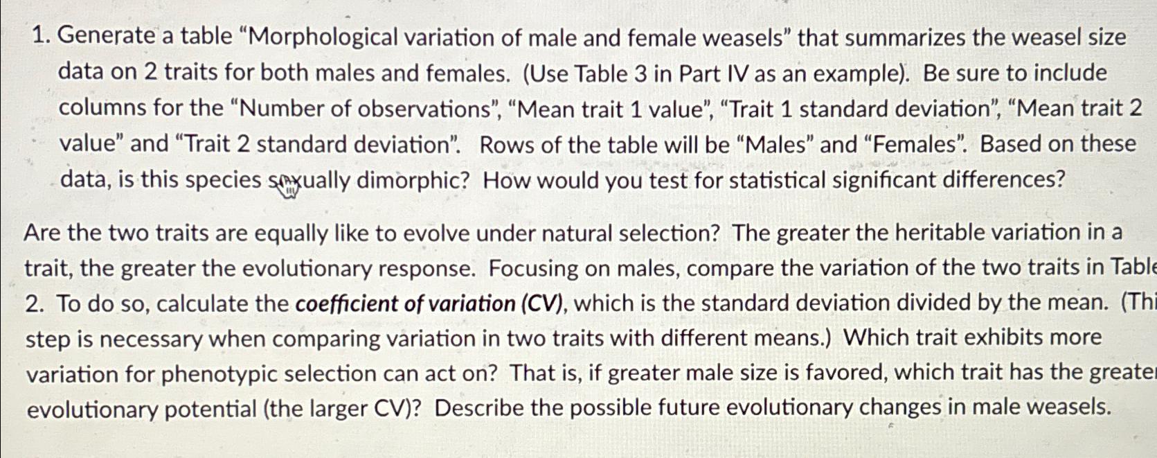 Solved Generate a table "Morphological variation of male and | Chegg.com