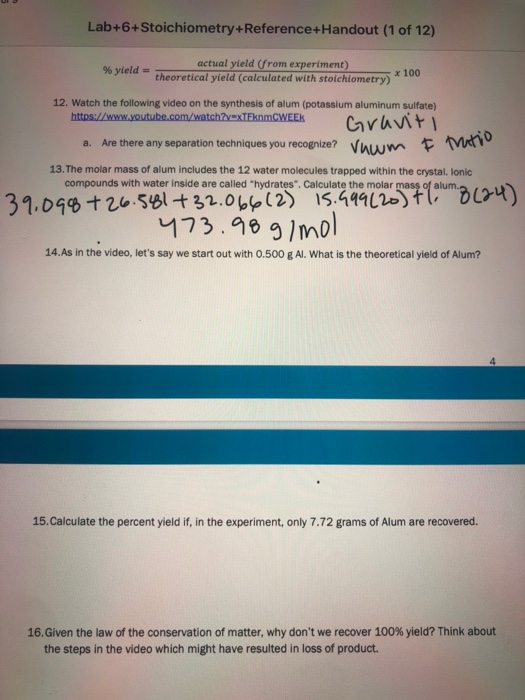 Solved Lab+6+Stoichiometry+Reference+Handout (1 of 12) x 100 | Chegg.com