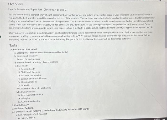Solved Health Assessment Paper Part I (Sections A-D, and G) | Chegg.com