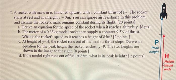 Solved 7. A rocket with mass m is launched upward with a | Chegg.com