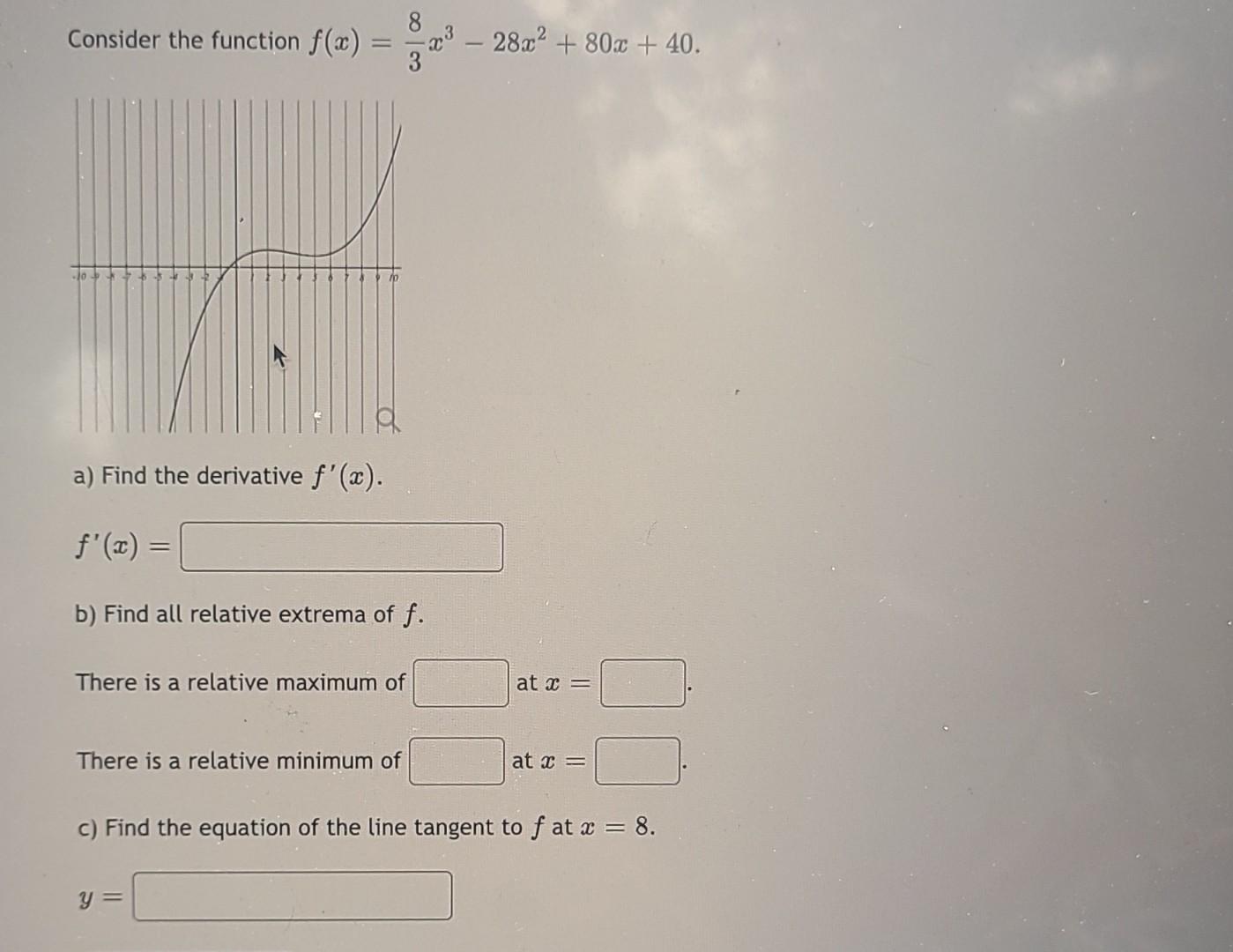 Solved Consider the function f(x)=38x3−28x2+80x+40. a) Find | Chegg.com