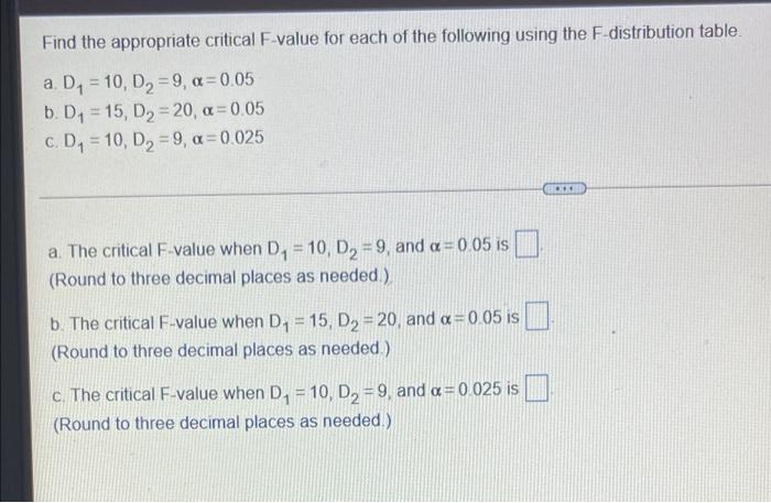 Solved Find the appropriate critical F-value for each of the | Chegg.com