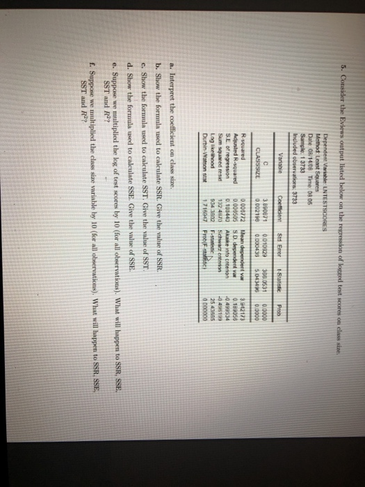 5. Consider the Eviews output listed below on the | Chegg.com