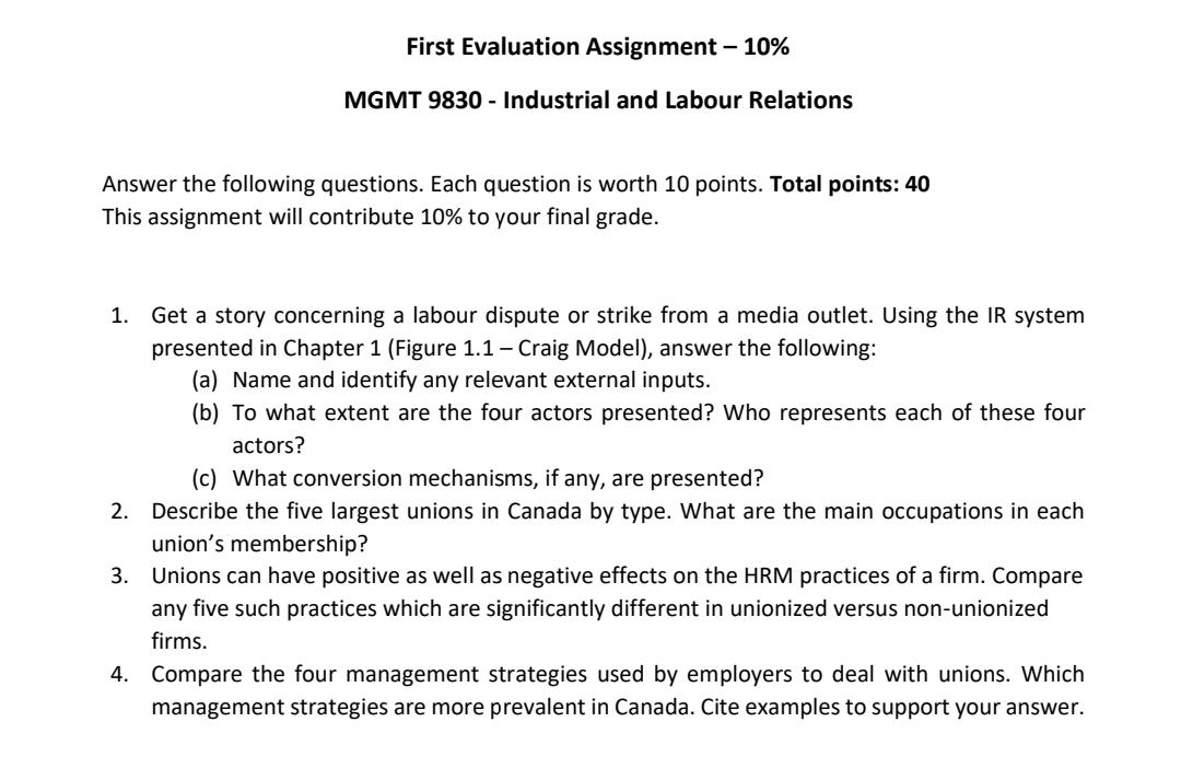 Solved First Evaluation Assignment - 10%MGMT 9830 - | Chegg.com