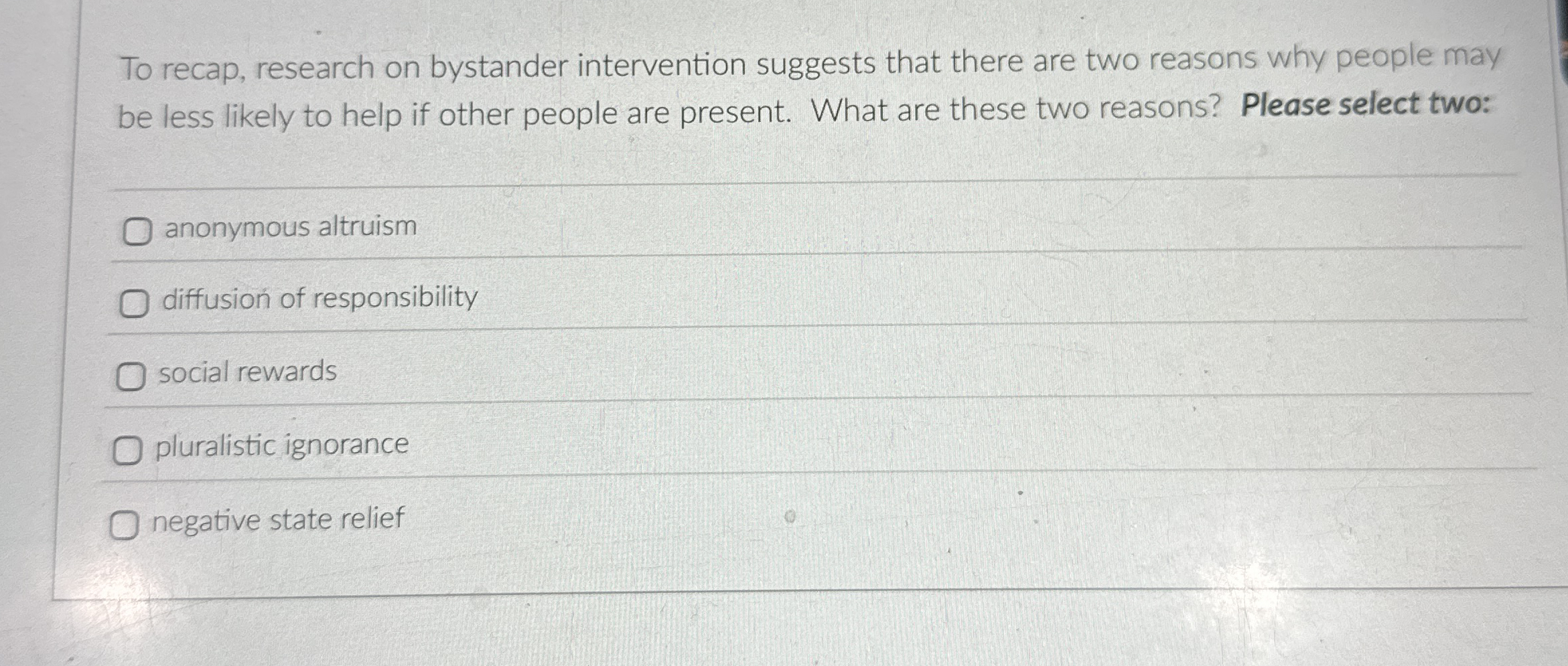 Solved To recap, research on bystander intervention suggests | Chegg.com