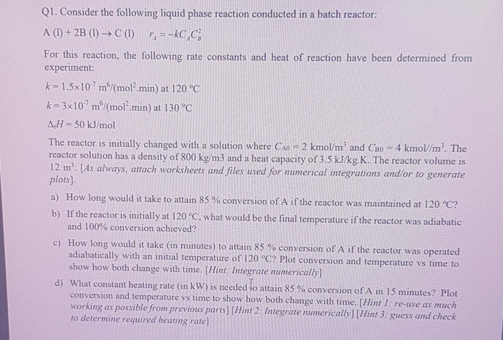 Solved consider the following liquid phase reaction | Chegg.com