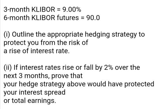 3-month KLIBOR = 9.00% 6-month KLIBOR futures = 90.0 | Chegg.com