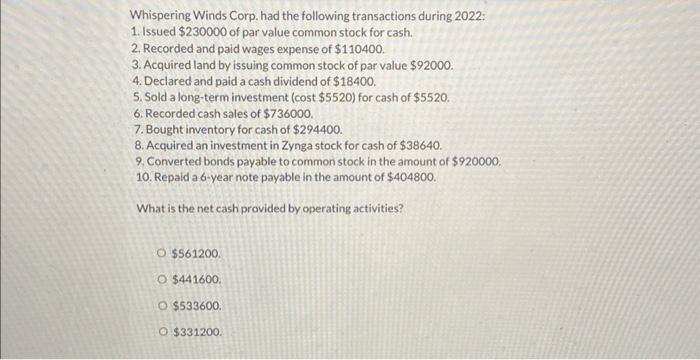 Solved Whispering Winds Corp. had the following transactions | Chegg.com