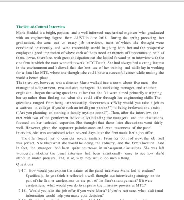 Solved The Out-of-Control Interview Maria Haddad is a | Chegg.com