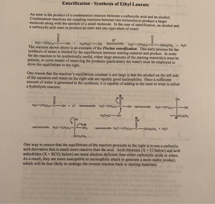 Solved Esterification - Synthesis of Ethyl Laurate An ester | Chegg.com
