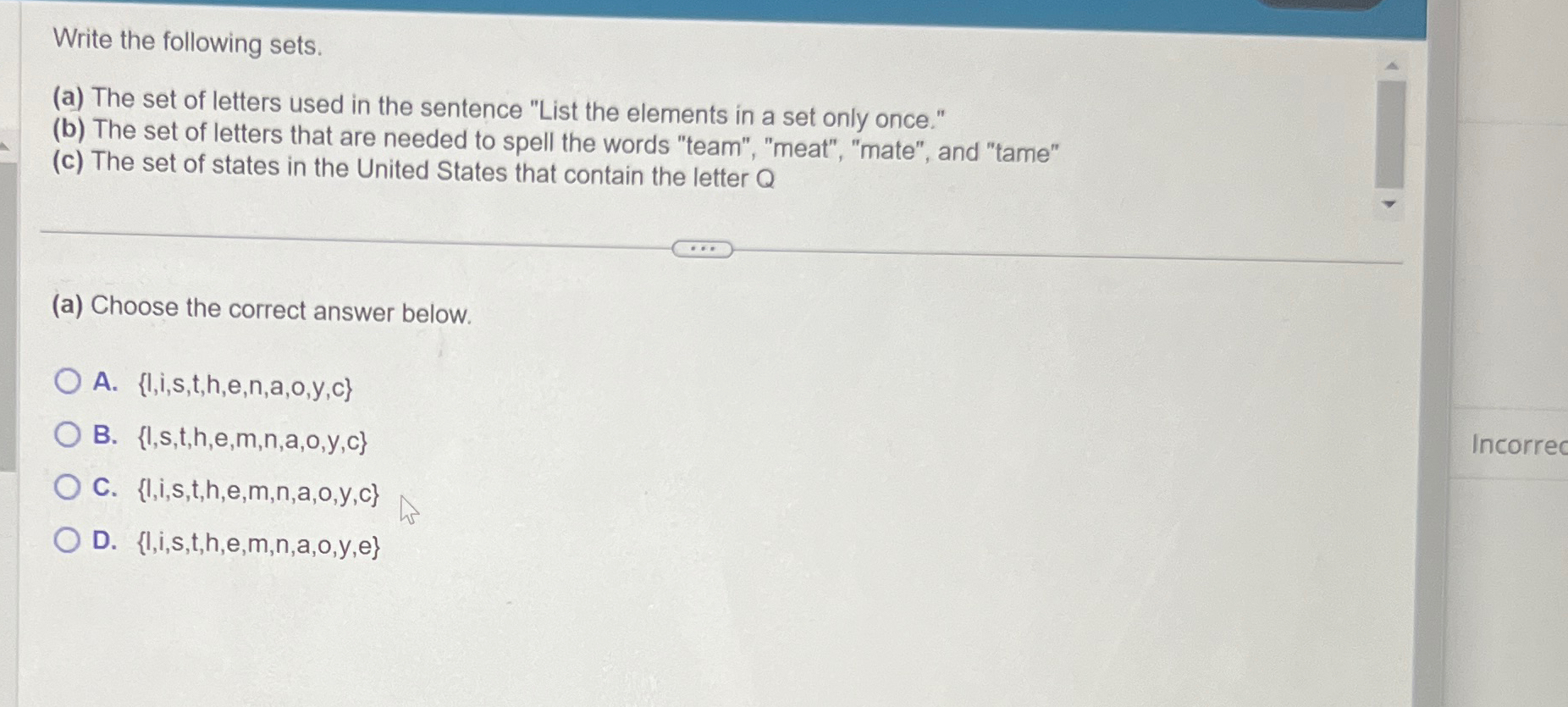 Solved Write the following sets.(a) ﻿The set of letters used | Chegg.com