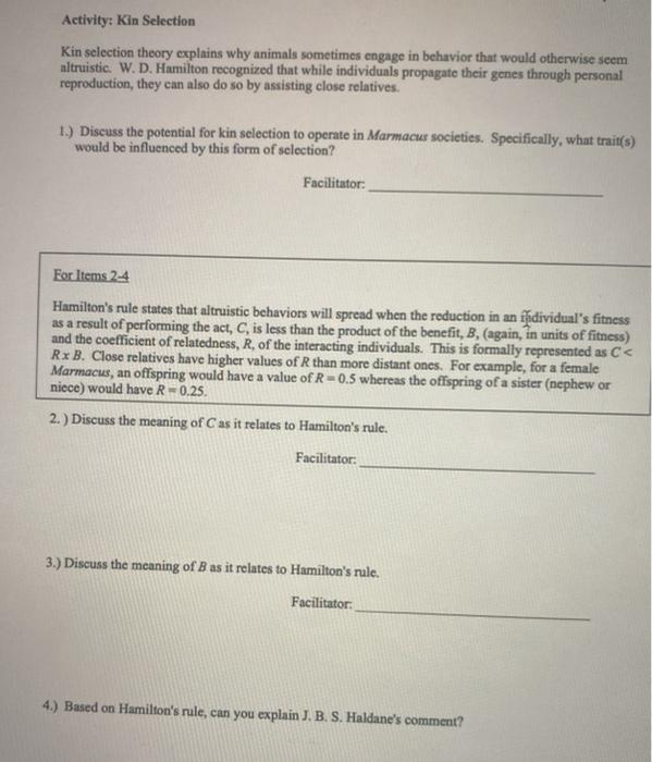 Activity: Kin Selection Kin selection theory explains | Chegg.com
